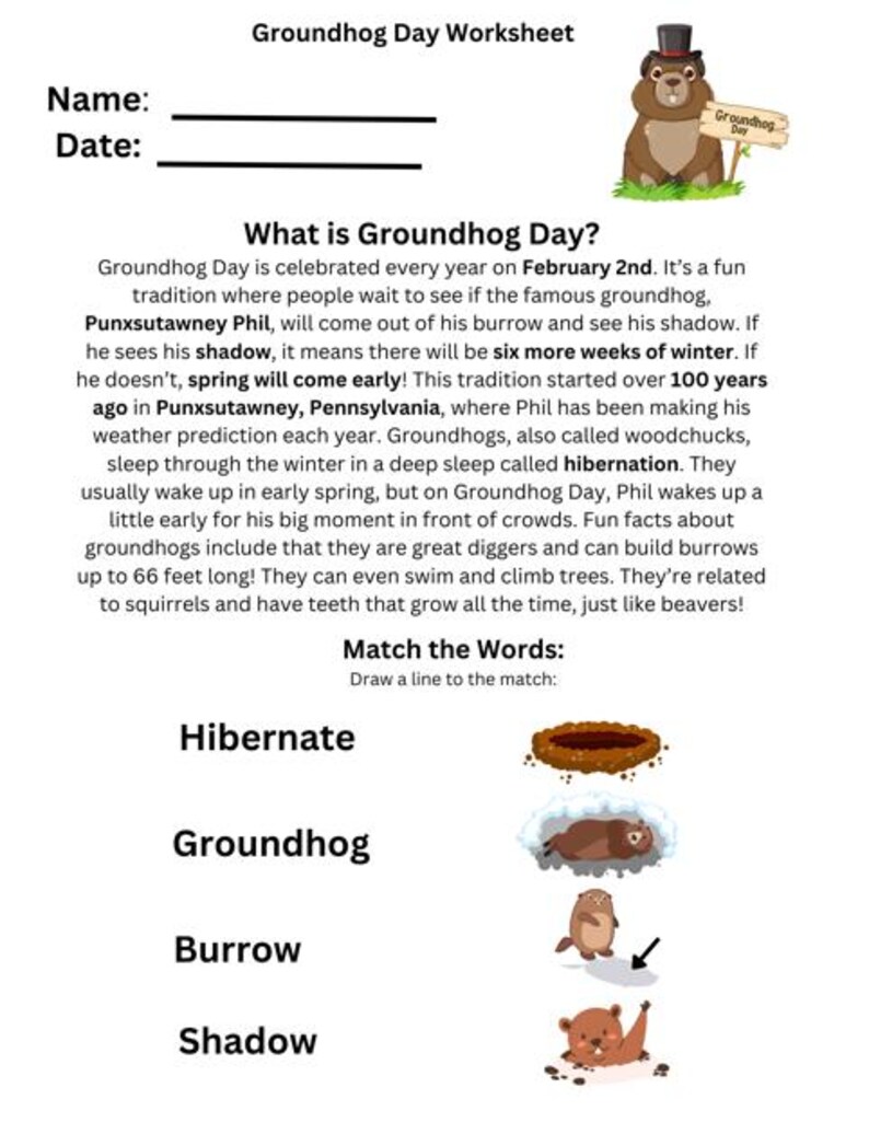 Kindergarten, 1st Grade Groundhog Worksheet - Etsy