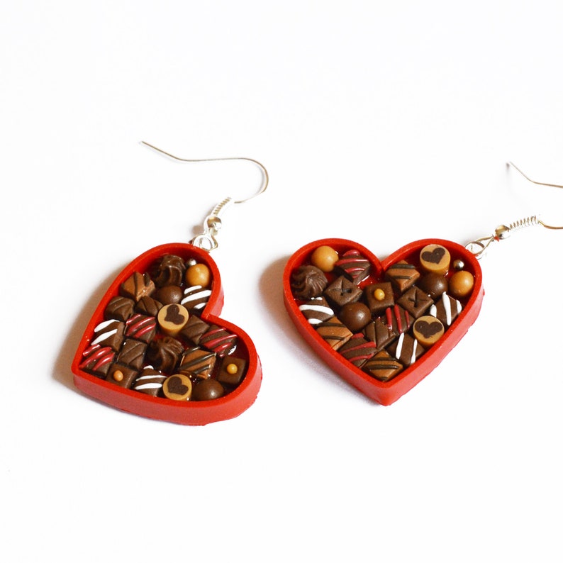 Red box of chocolates Earrings / heart earrings with sterling | Etsy