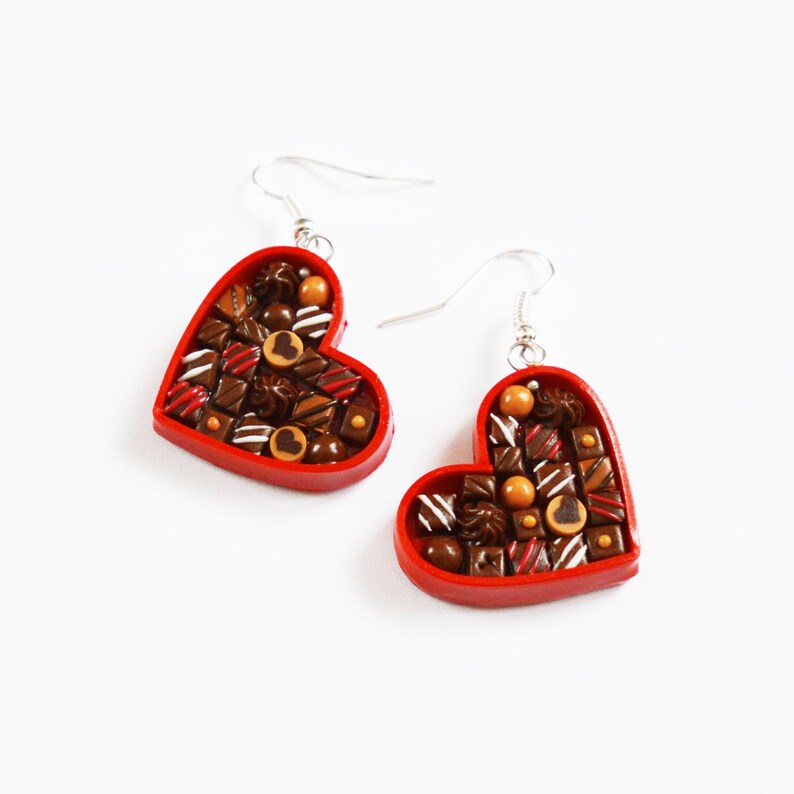 Red box of chocolates Earrings / heart earrings with sterling | Etsy