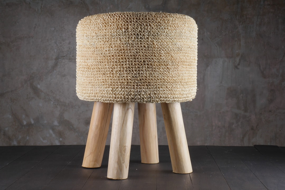 The Natural Raffia Stool on Teak Wood Stand - Etsy