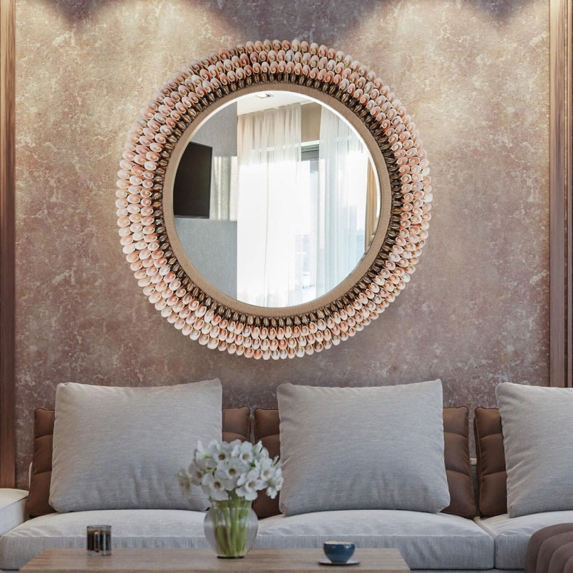 Pink Seashell Mirror: Round Coastal Decor Mirror - Etsy