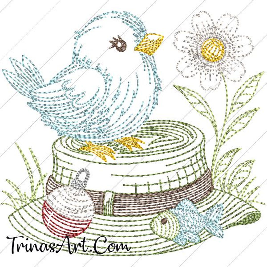 Fisherman's Hat Embroidery Design: Bluebird, Flower, Bait & Tackle ...