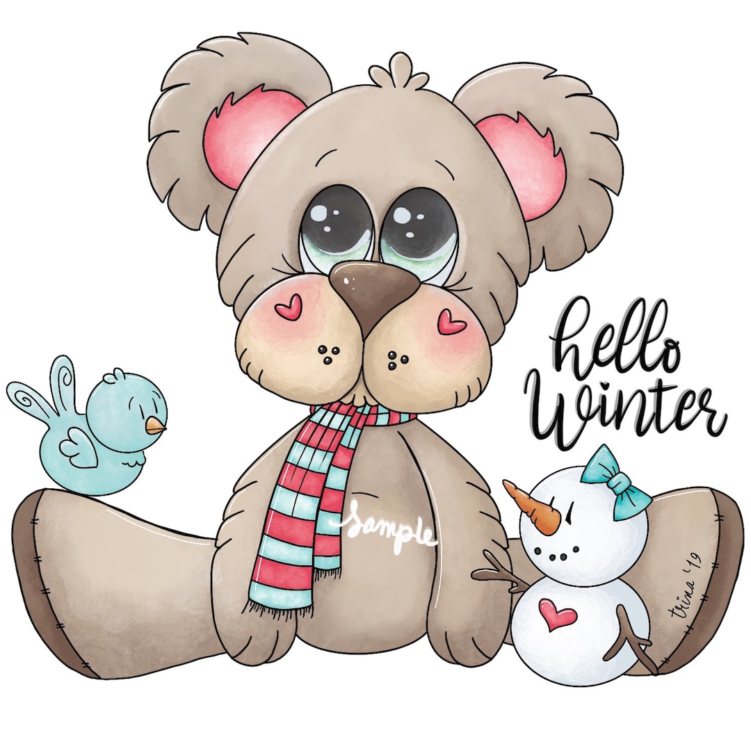 Hello Winter Teddy Bear & Snowman - PNG Clipart Commercial Use Instant ...