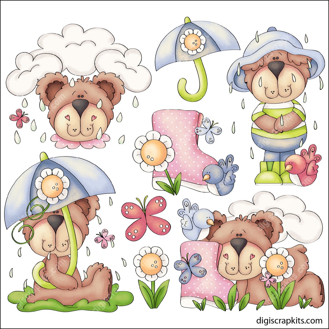 Rainy Day Bears 1 Clip Art Designs Graphics Illustrations | Etsy