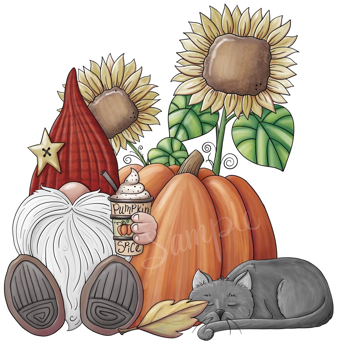 Pumpkin Spice Gnome and Black Cat - PNG Clipart Commercial Use Instant ...