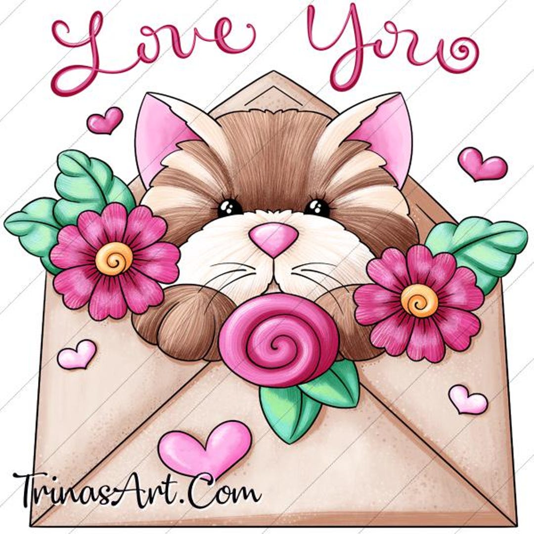 Love You Valentine's Day Kitten, Envelope, Hearts, Flowers, Roses - PNG ...