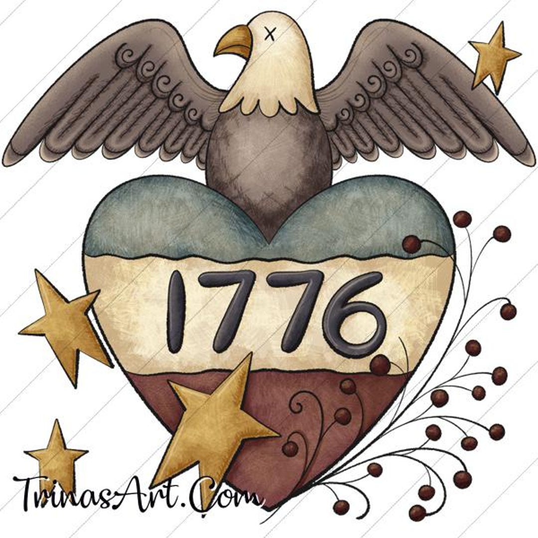 1776 Primitive Eagle Heart, Stars, & Pip Berries, Folk Art, Vintage ...