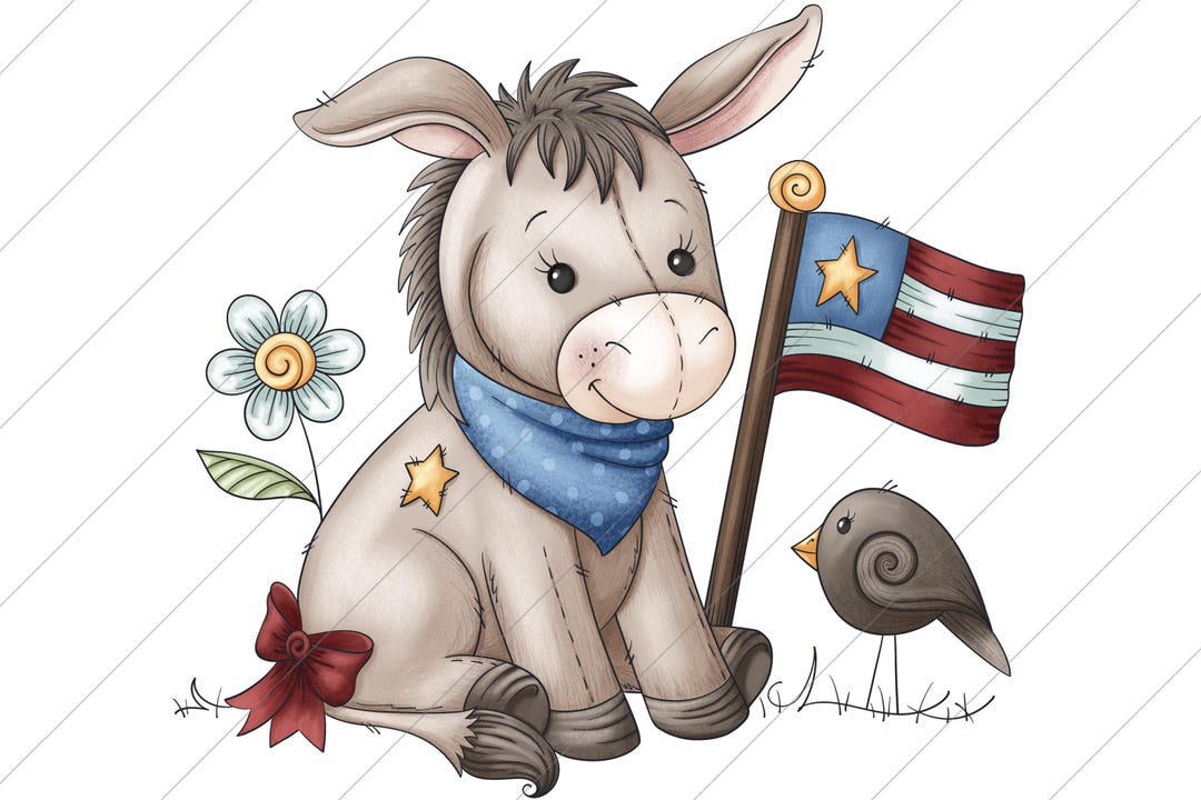 Patriotic Donkey PNG Clip Art With Whimsical Crow, USA Flag, Blooming ...