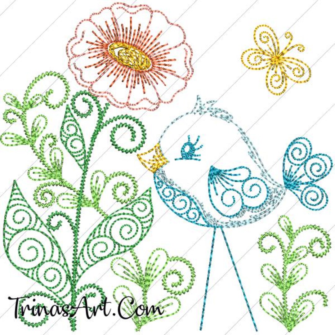 Spring Bluebird, Bird, Butterfly, Flower Machine Sketchy Embroidery ...