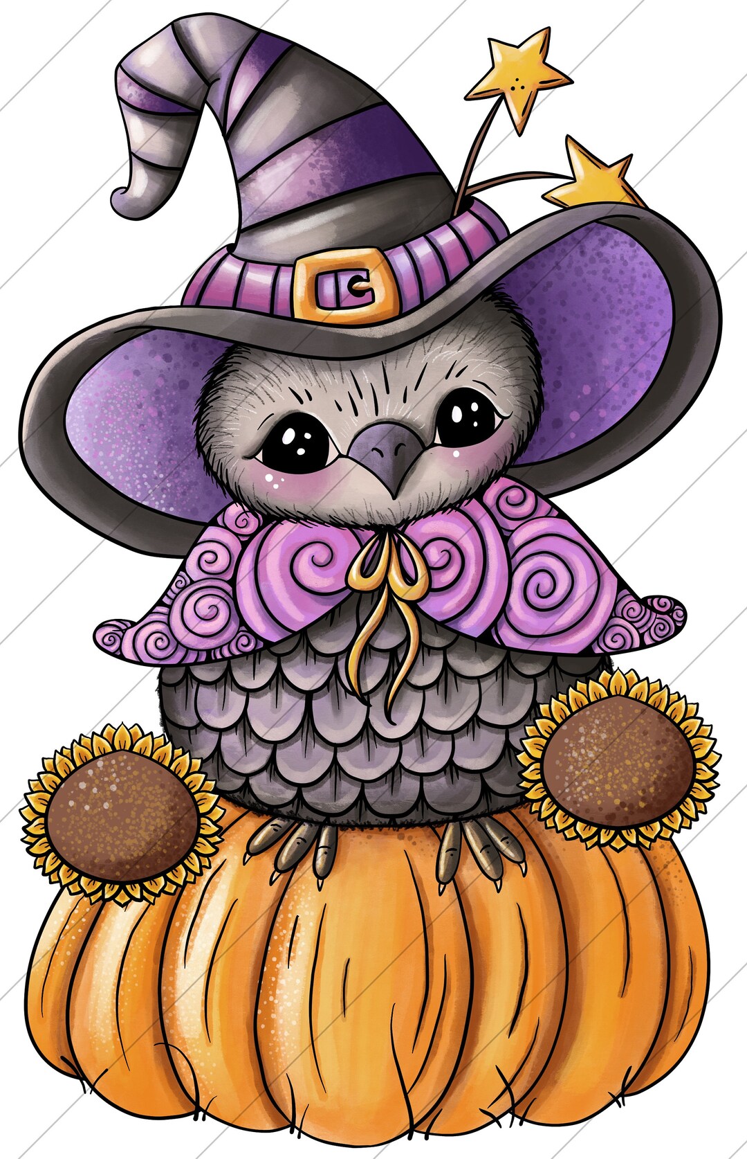 Halloween Crow 2 With Witch's Hat, Pumpkins, & Sunflowers - PNG Clipart ...