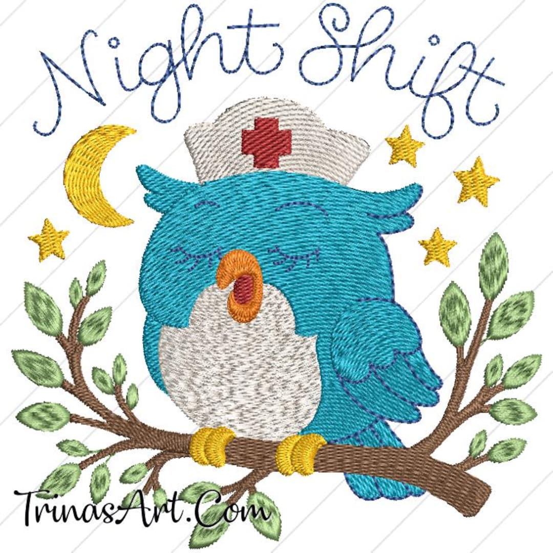 Night Shift Nurse Owl Embroidery Design – 4x4 5x5 Hoop – Cute Sleepy ...