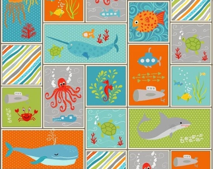 Big Splash Sea Creatures in Squares Cotton Quilting Fabric by Henry ...