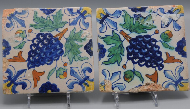 Polychrome Delft Tiles (pair) With Grapes, Early 17th Century - Etsy