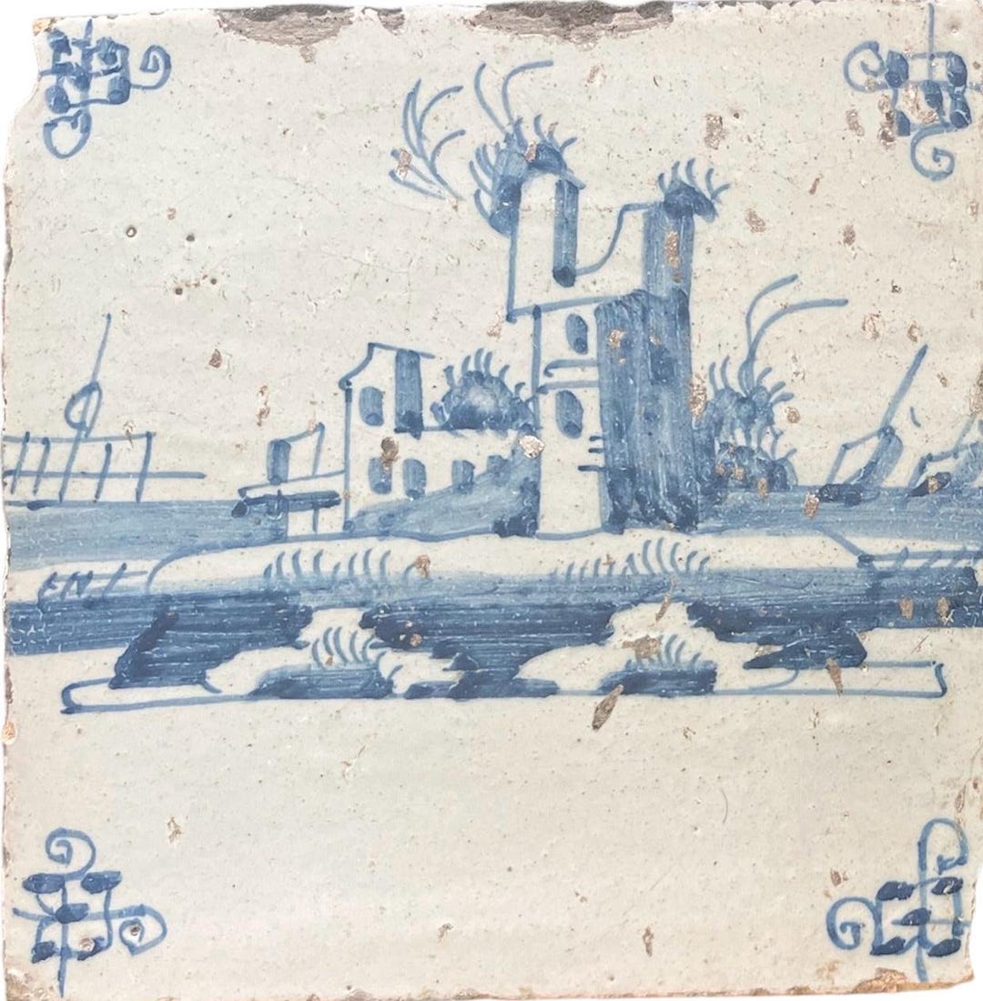 Delft Tile With a Castle and Ships - 18th Century - Etsy