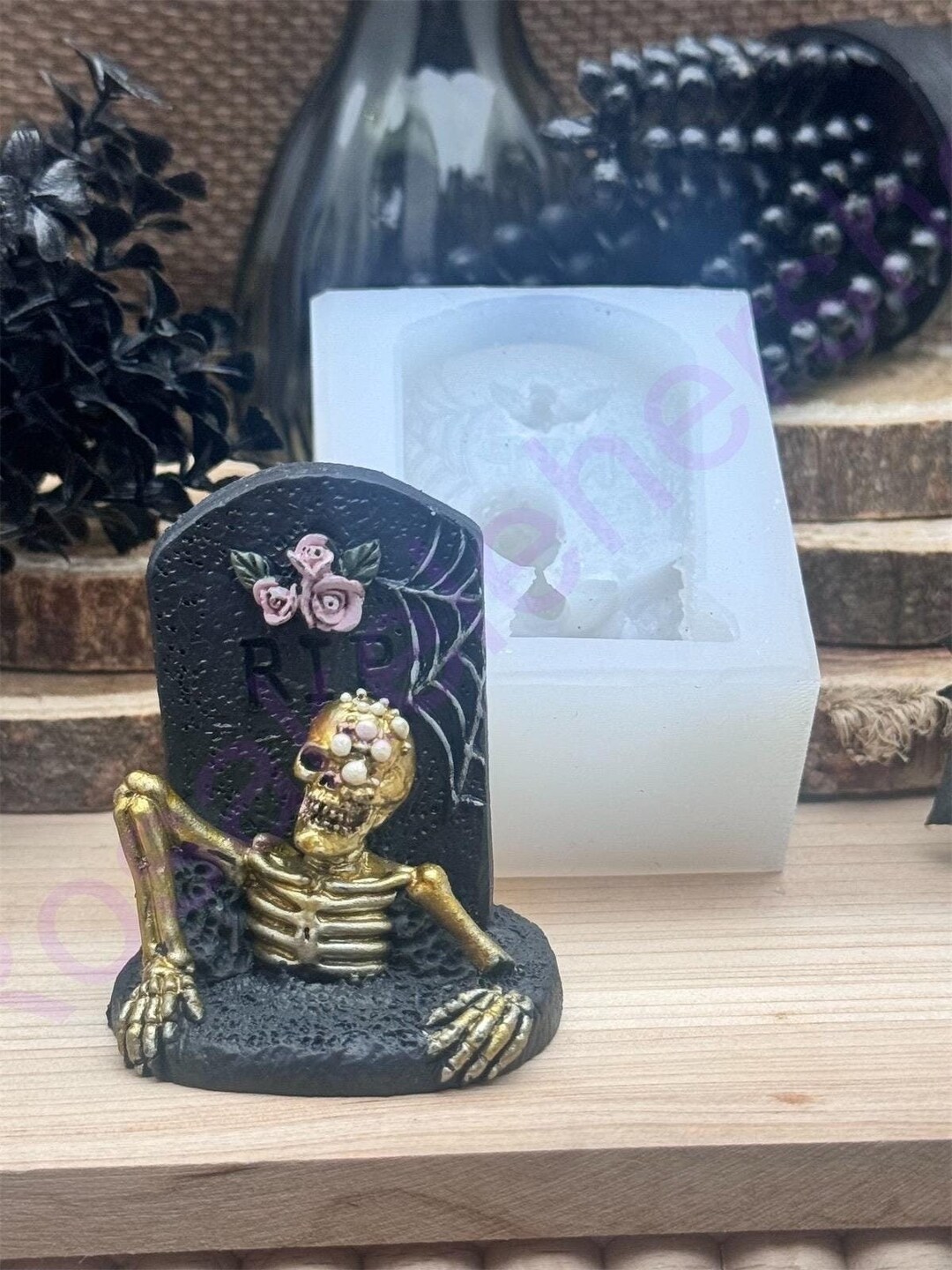 RIP Skull Skeleton Flower Tombstone Handmade Silicone Mold-cemetery ...