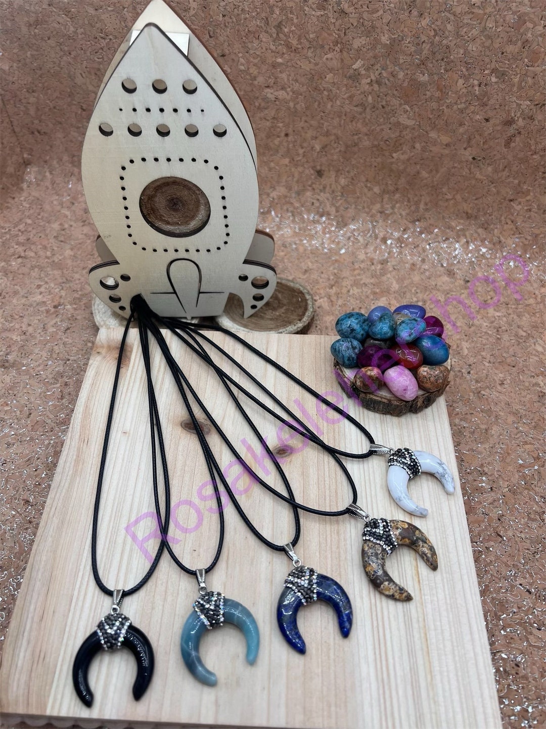 Natural Half Moon Stone-crystal-pendant Necklace-lava Rock Stone ...