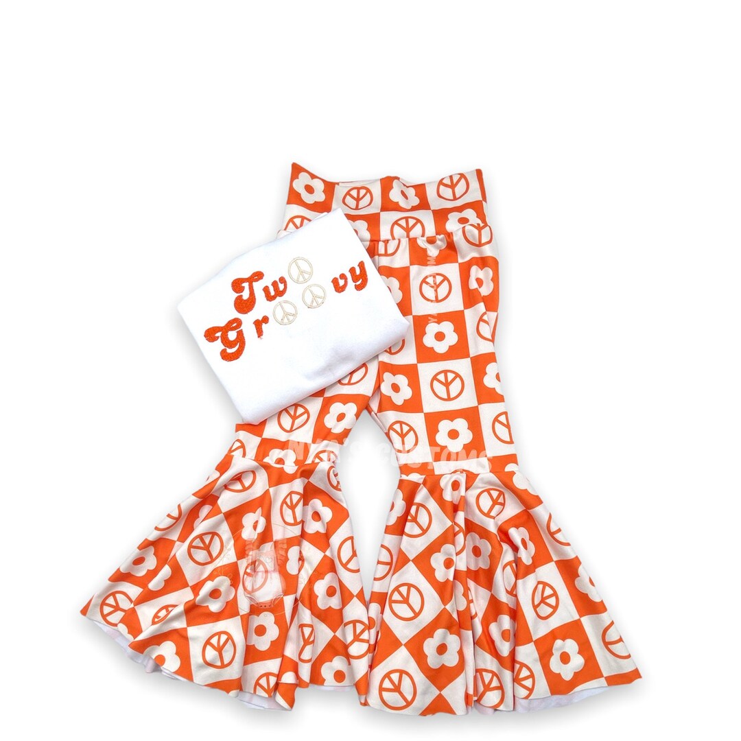 Two Groovy Birthday Outfit, Peace Sign Bell Bottoms , Toddler Bells ...