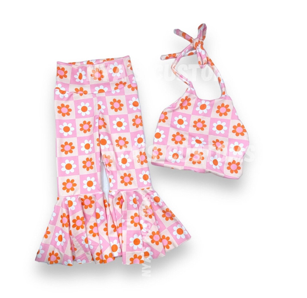Two Groovy Birthday Outfit, Pink Checkered Flares, Hippie Toddler Bell ...