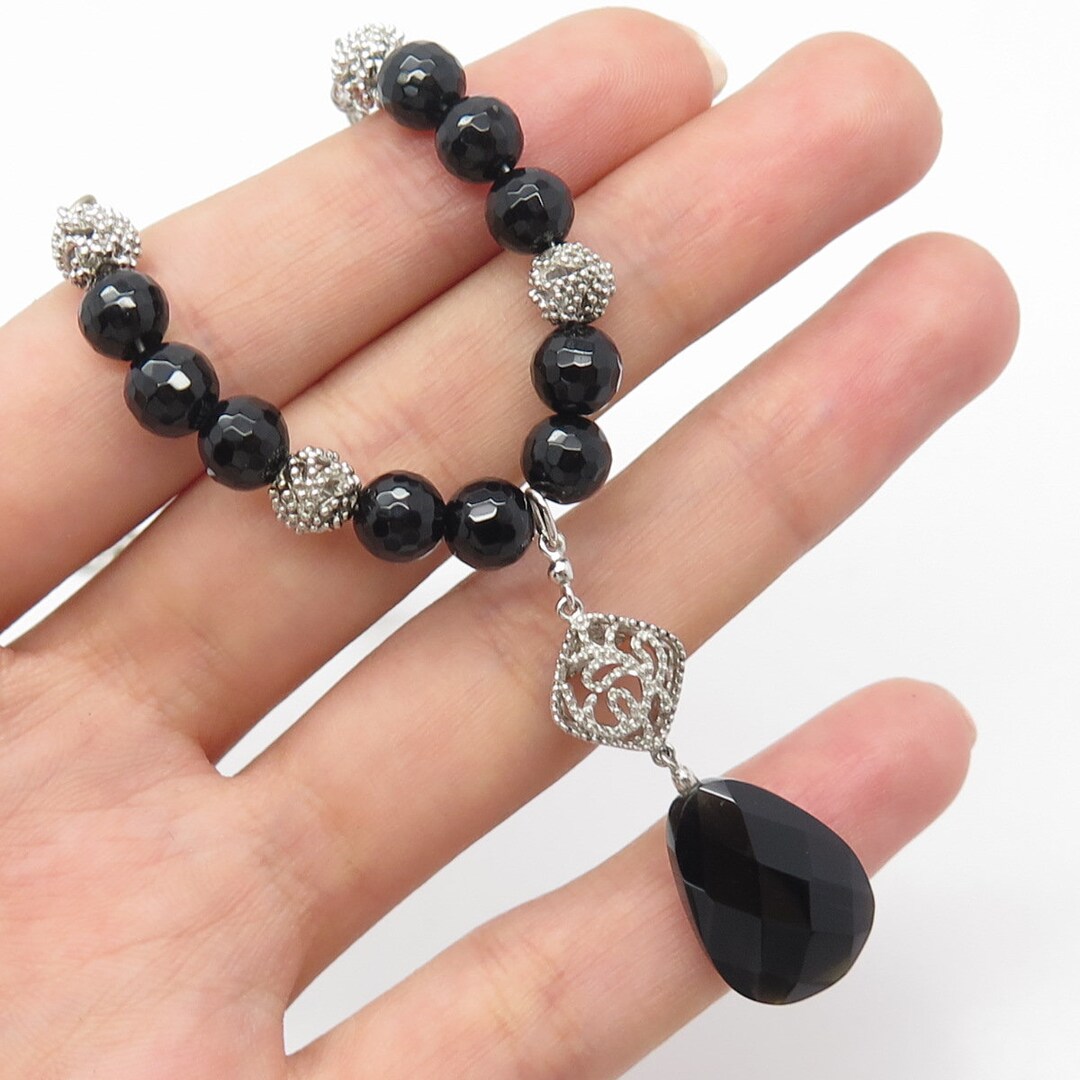 925 Sterling Silver Vintage Real Melanite Gemstone Ball Rolo Chain ...