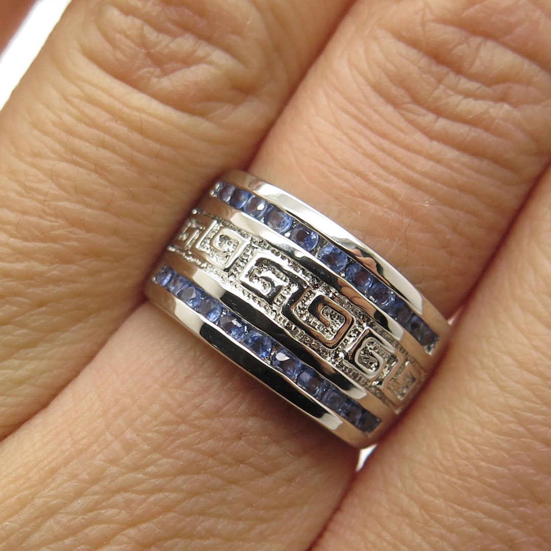 925 Sterling Silver Real Round-cut Sapphire Greek Maze Ring Size 6.25 ...