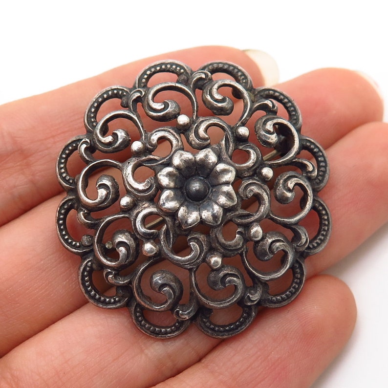 800 Silver Vintage Ornate Floral Design Round Pin Brooch - Etsy