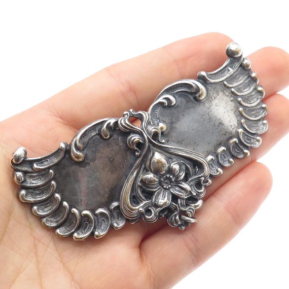 Silver-Tone Antique Art Deco Repousse Flower and Wing… - Gem