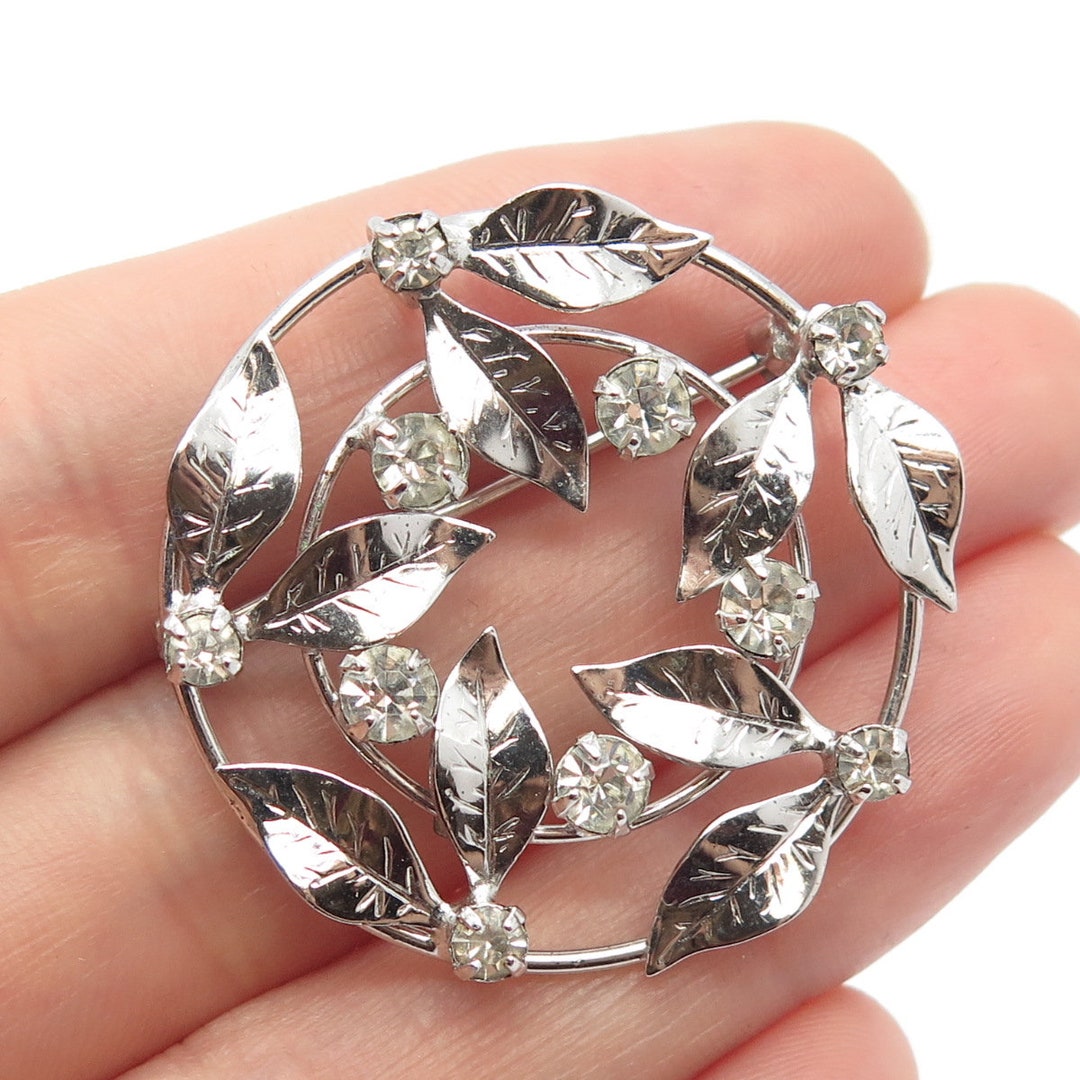 925 Sterling Silver Antique D'OR Rhinestone Leaves Round Pin Brooch - Etsy