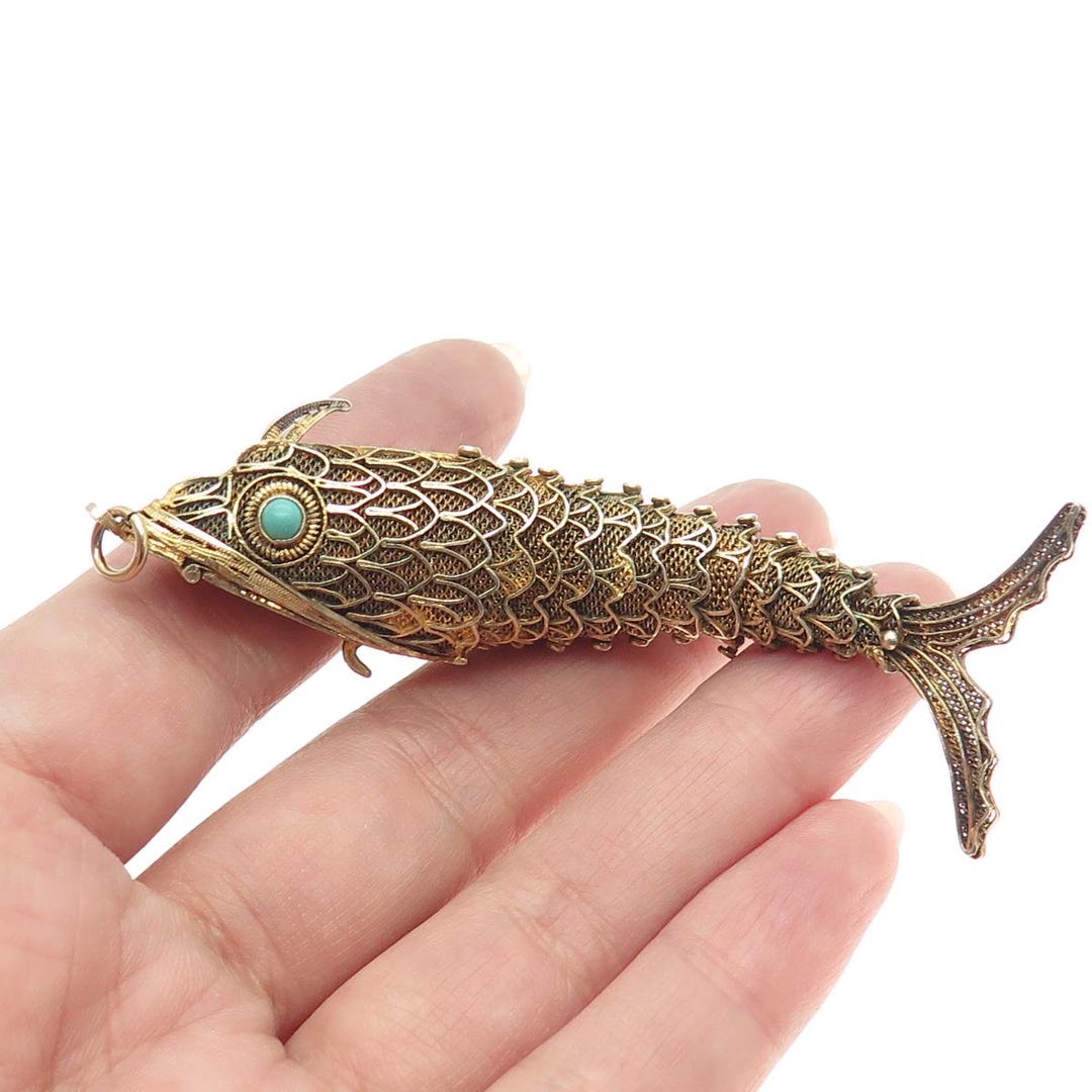 925 Sterling Silver Antique Turquoise Articulated Koi Fish Chatelaine ...