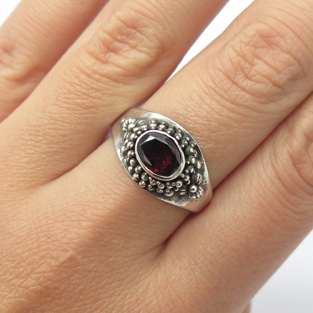 925 Sterling Silver Vintage Real Pink Garnet Gemstone Beaded Ring Size ...