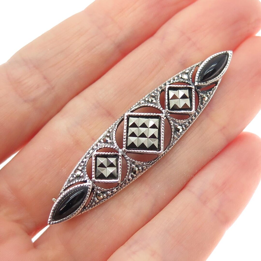 HAN 925 Sterling Silver Vintage Real Black Onyx and Marcasite Oxidized ...