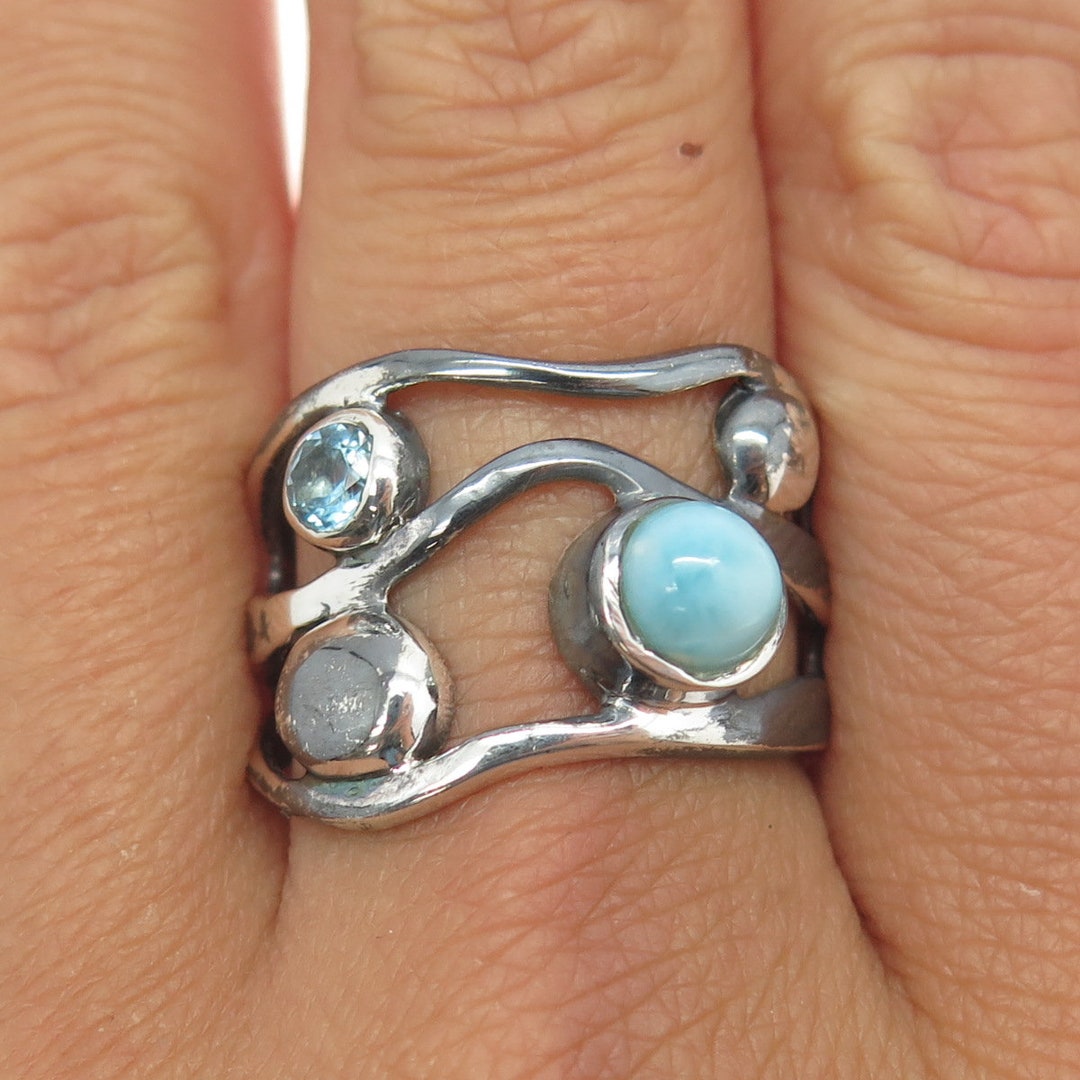 925 Sterling Silver Vintage Real Larimar and Blue Topaz Gem Modernist ...