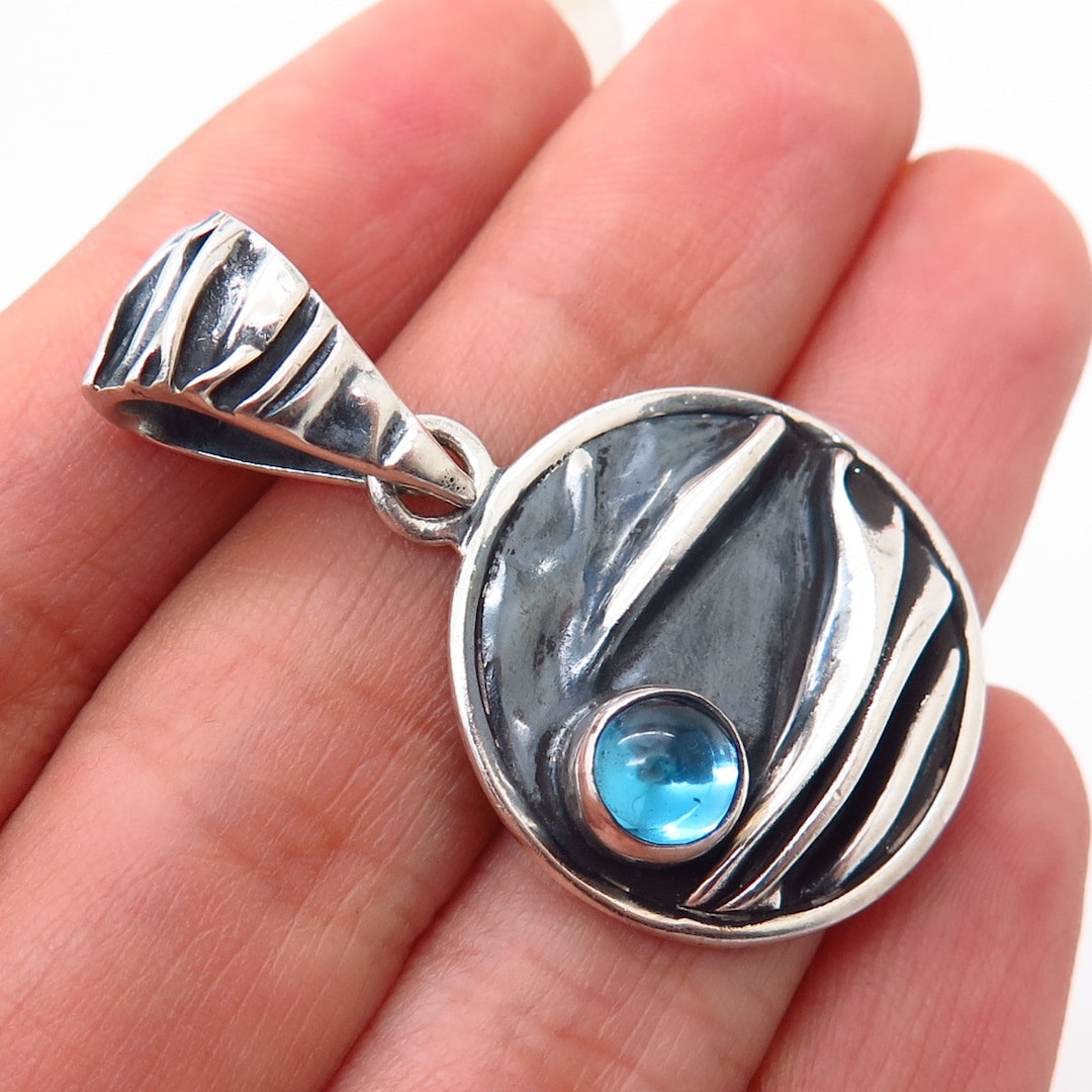 950 Silver Real Blue Topaz Gemstone Wrinkled Design Round Pendant - Etsy