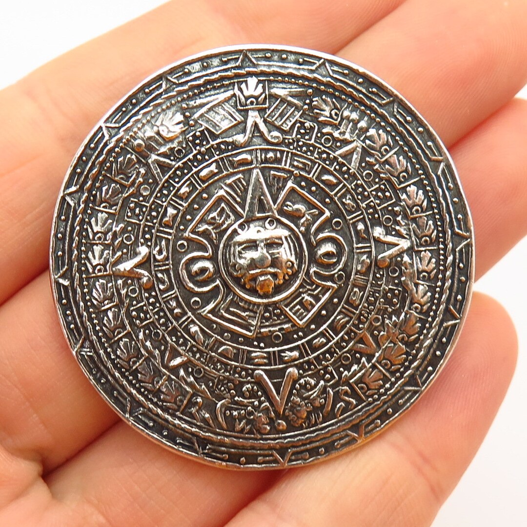 925 Sterling Silver Vintage Mexico Aztec Calendar Design Pendant / Pin ...