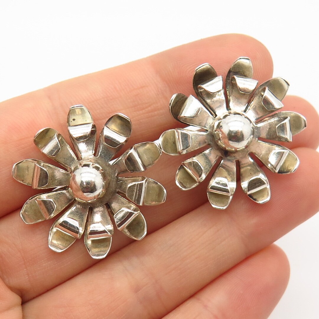 925 Sterling Silver Vintage Floral Design Screw Back Earrings - Etsy