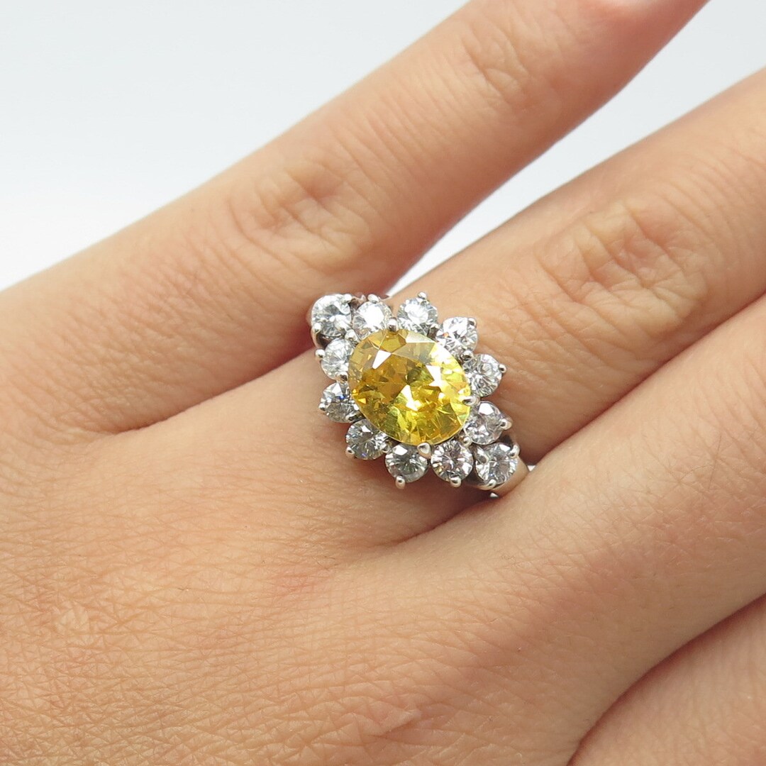 925 Sterling Silver Oval and Round-cut Canary and White C Z Cluster ...
