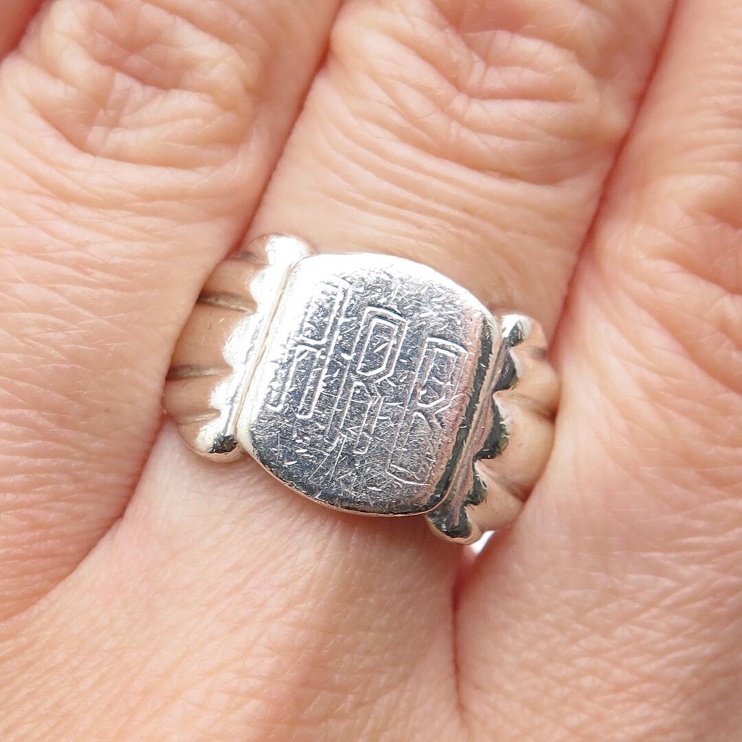 925 Sterling Silver Vintage Engraved ARB Monogram Signet Ring Size 11.5 ...