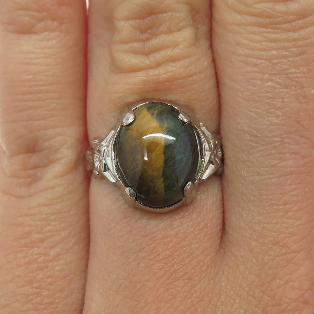 UNCAS 925 Sterling Silver Antique Art Deco Real Tiger Eye Gemstone Ring ...