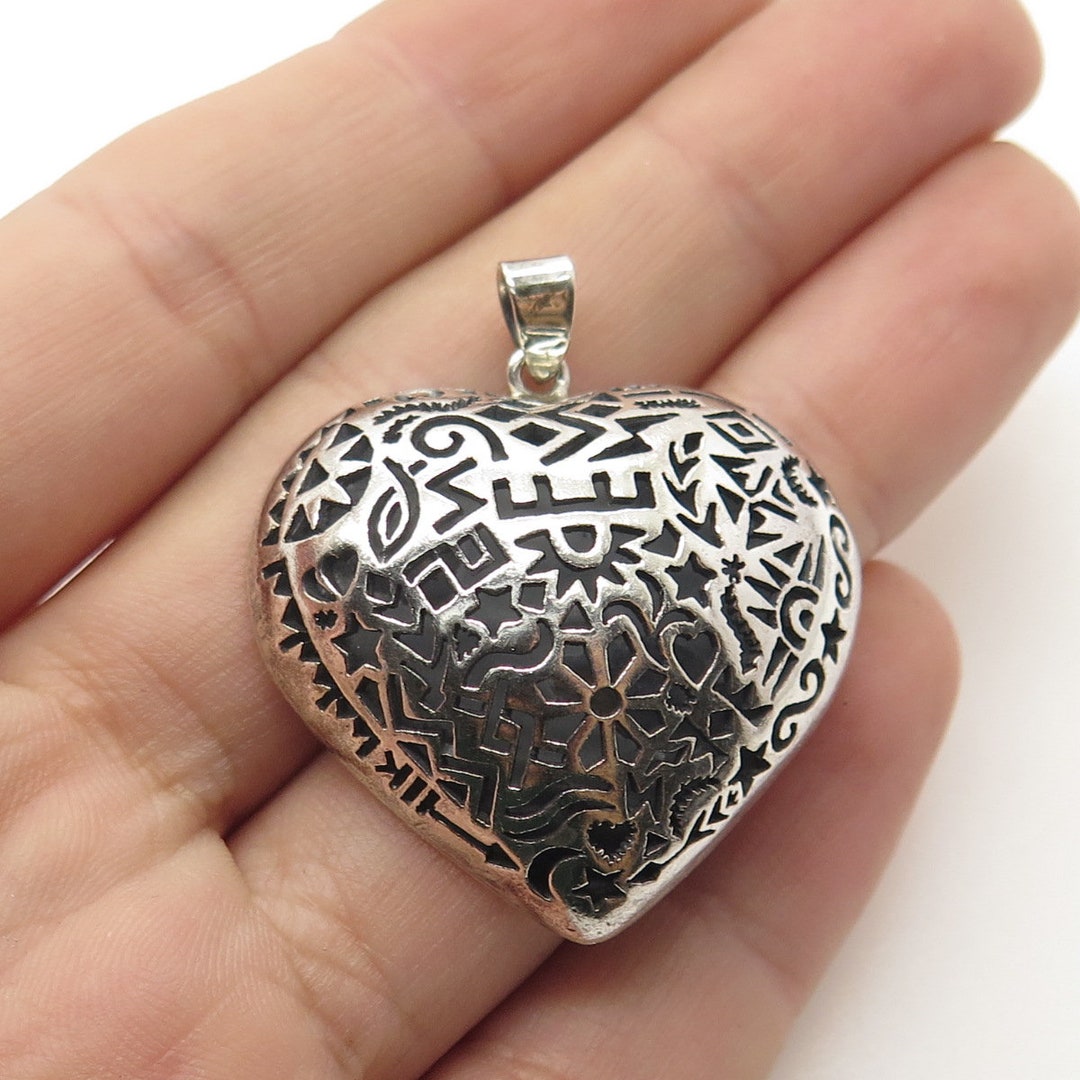 BOMA 925 Sterling Silver Vintage Symbols Heart Oxidized Dome Pendant - Etsy
