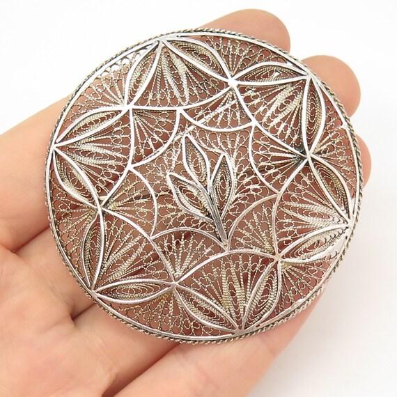 935 Silver Antique Filigree Round Pin Brooch - Gem