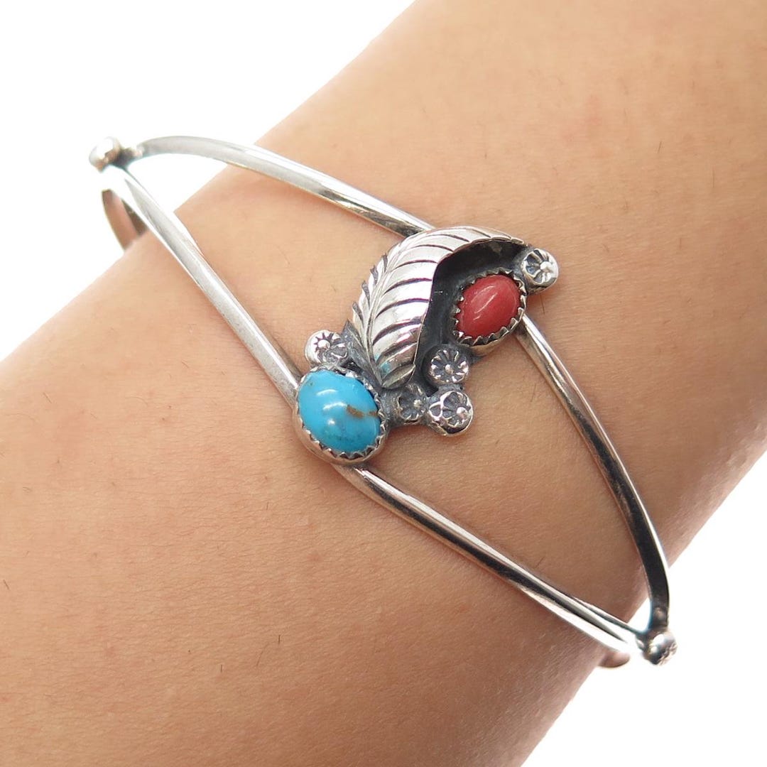 CJ Maria Navajo Old Pawn Sterling Turquoise Coral Feather Adjustable ...