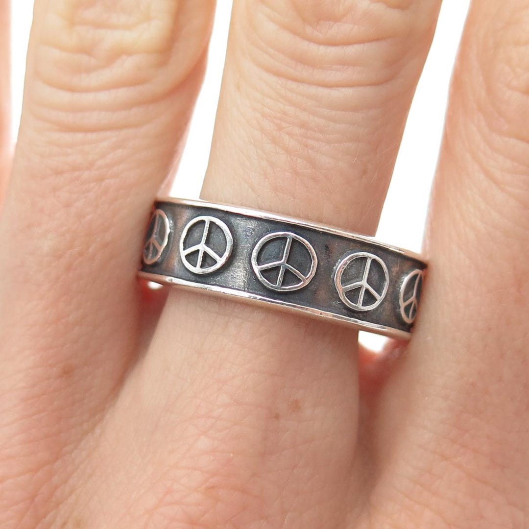 925 Sterling Silver Vintage Mexico Peace Symbol Oxidized Band Ring Size ...