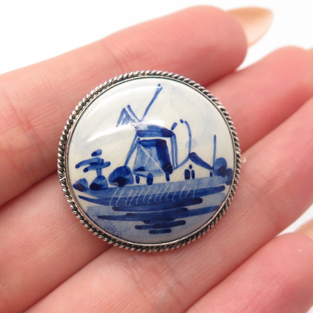 835 Silver Antique Delft Ceramic Old Windmill Round Pin Brooch - Etsy