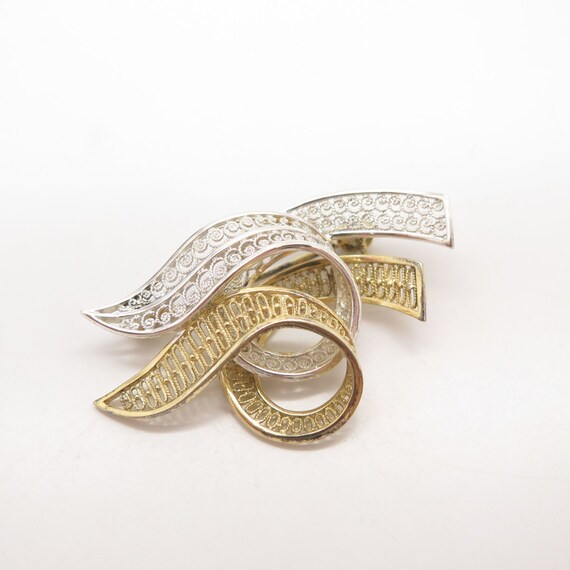 800 Silver 2-Tone Vintage Abstract Double Ribbon Pin … - Gem