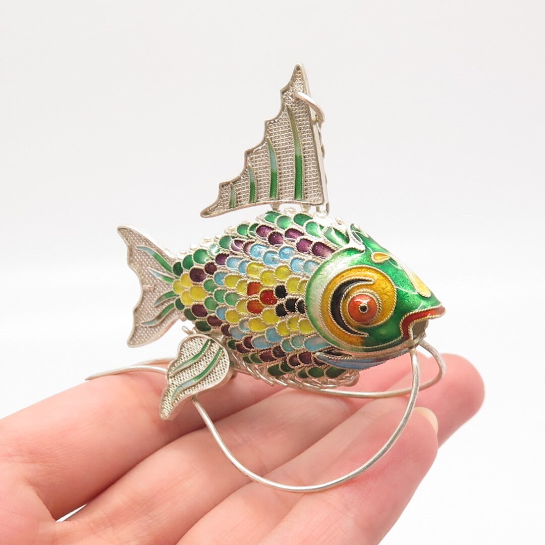 925 Sterling Silver Antique Enamel Articulated Chinese Koi Fish Pendant ...