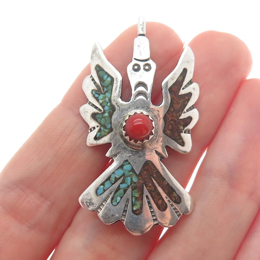 HENRY BACA Navajo Old Pawn Sterling Vintage Turquoise Coral Peyote Bird ...
