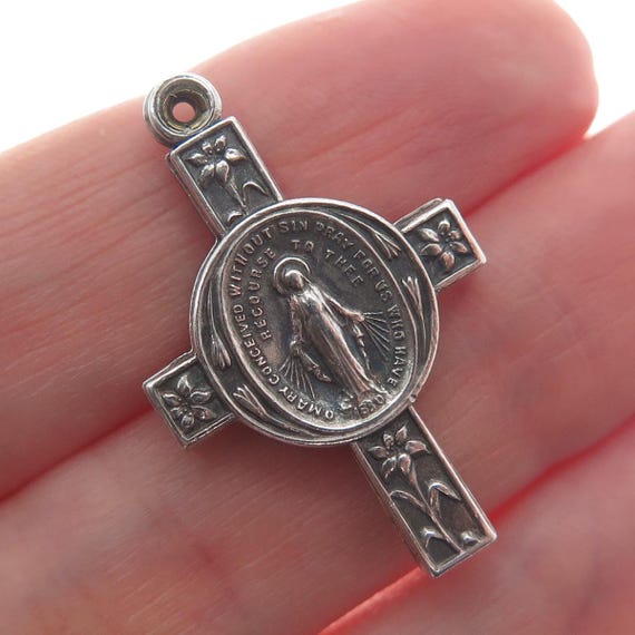 925 Sterling Antique 1830 St. Mary Flower Cross Trans… - Gem