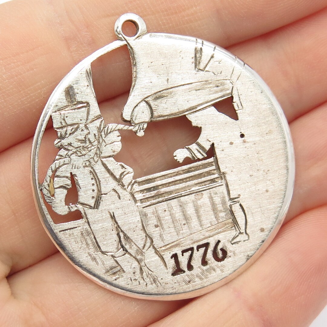 925 Sterling Silver Antique 1776 Boy and Bell Cutout Pendant - Etsy