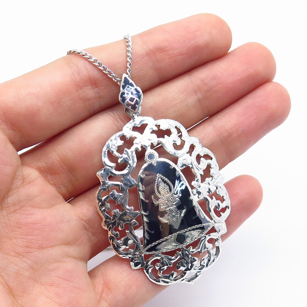 925 Sterling Silver Vintage Siam Ganesh Hindu God Cable Chain Necklace ...