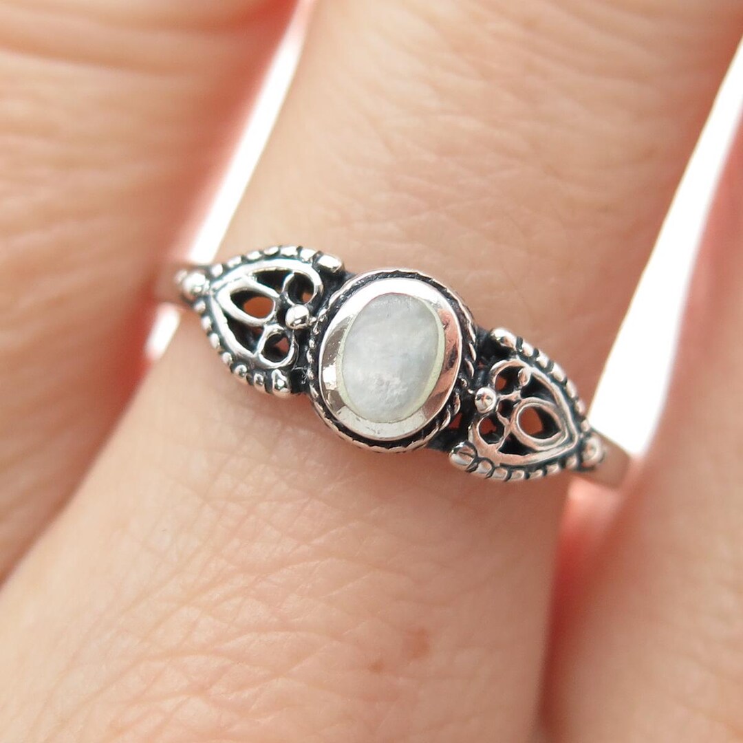 STE BEE 925 Sterling Silver Vintage Real MOP Heart Oxidized Ring Size 7 ...
