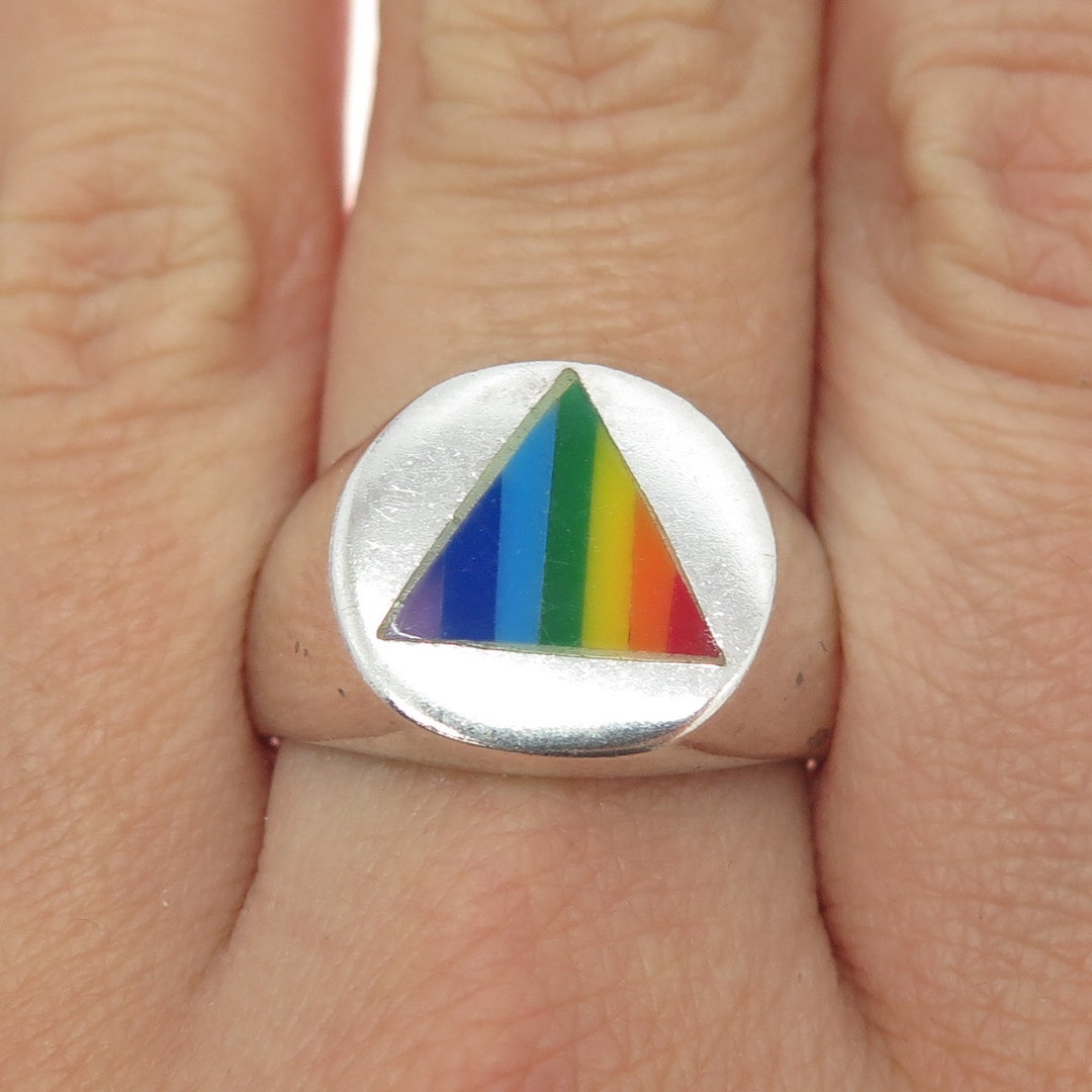 925 Sterling Silver Vintage Rainbow Enamel "happy Pride" Signet Ring ...